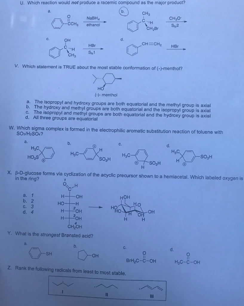 Solved U. Which reaction would not produce a racemic | Chegg.com