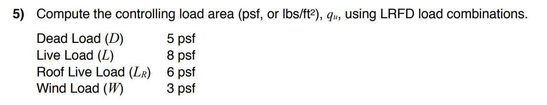 Solved 5) Compute the controlling load area (psf, or | Chegg.com