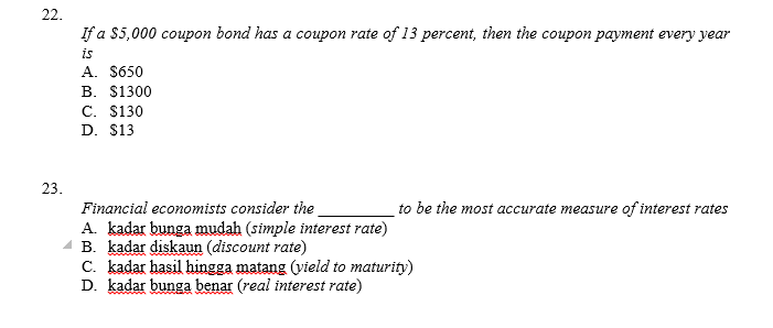 Solved 22. If a $5,000 coupon bond has a coupon rate of 13 | Chegg.com
