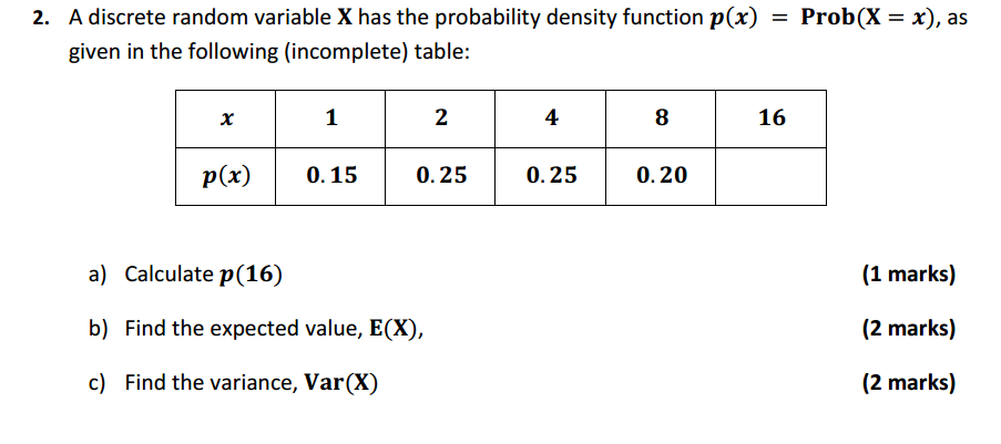 Solved = Prob(X = x), as 2. A discrete random variable X has | Chegg.com