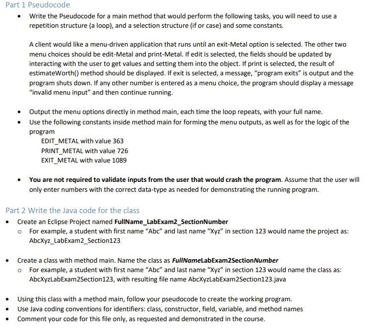 Part 1 Pseudocode • Write the Pseudocode for a main | Chegg.com