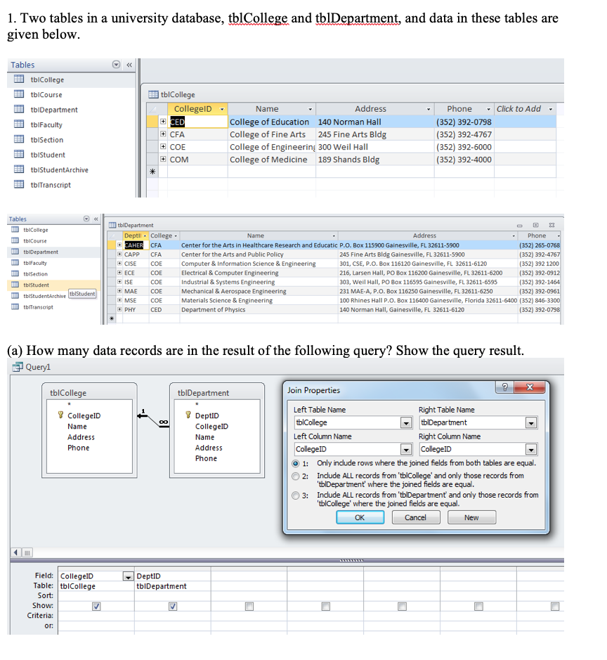 Solved 1. Two tables in a university database, tblCollege | Chegg.com