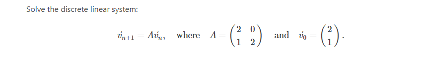 Solved Solve the discrete linear system: 2 0 Ūn+1 = Aon, | Chegg.com
