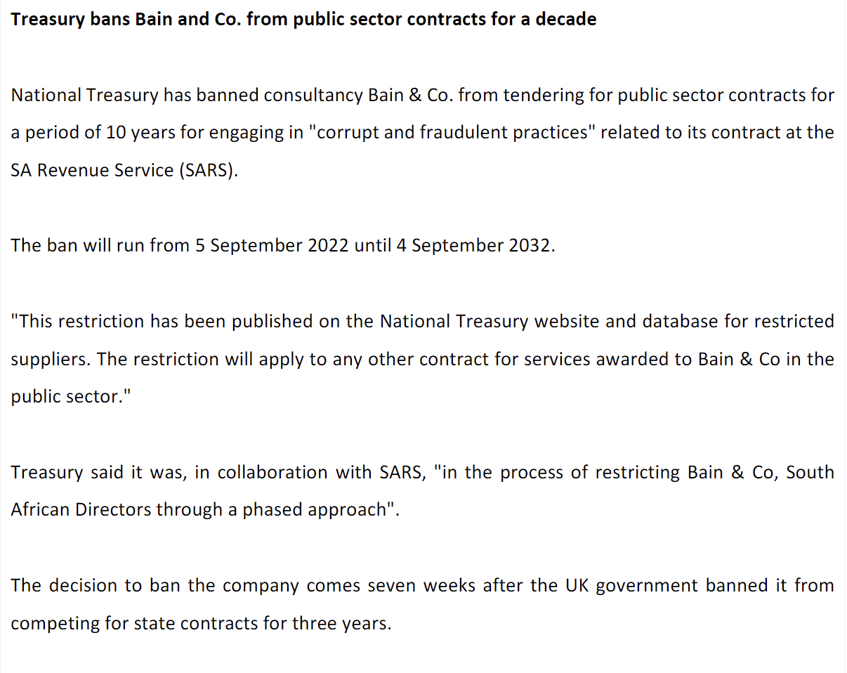 Solved Treasury bans Bain and Co. from public sector | Chegg.com