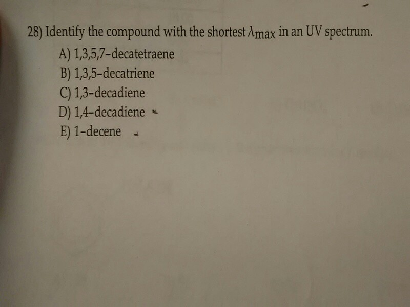 Solved 28) Identify the compound with the shortest Amax in | Chegg.com