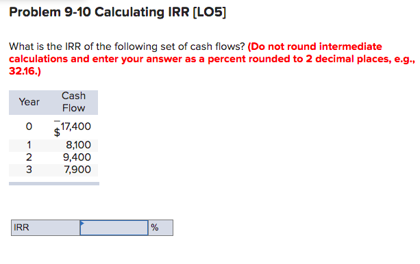 Solved Problem 9-10 Calculating IRR (LO5] What is the IRR of | Chegg.com