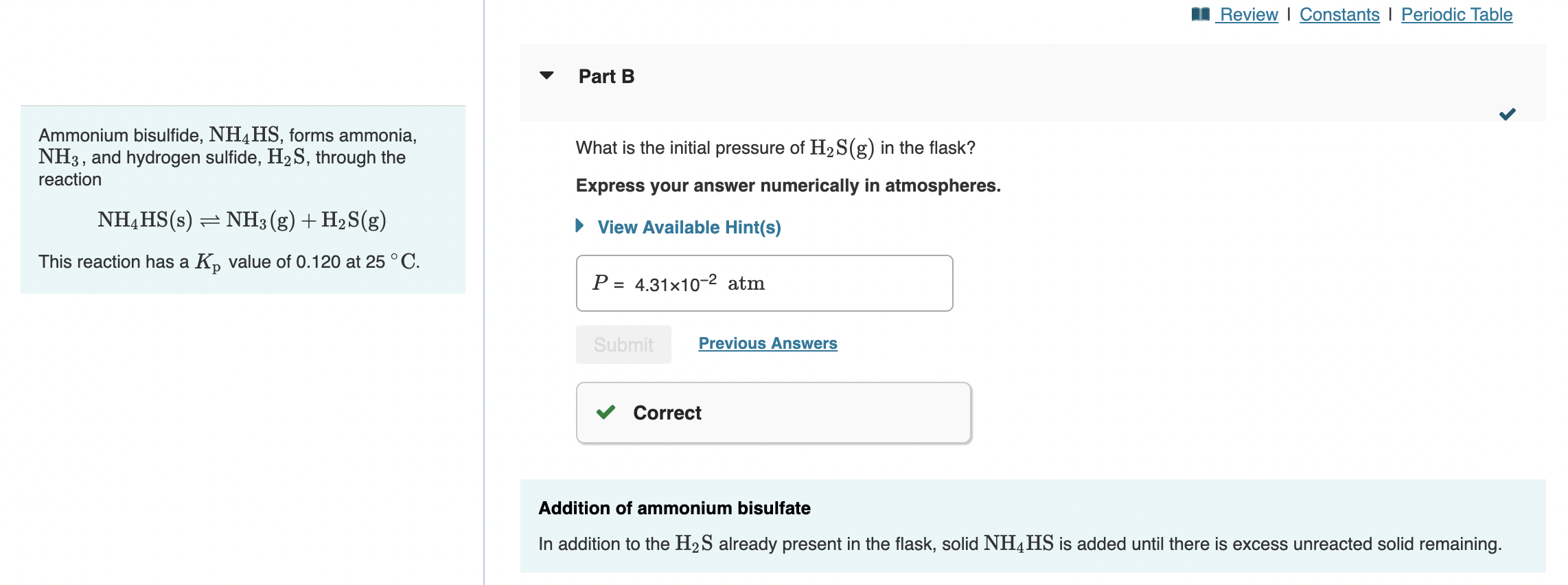 Solved Ammonium bisulfide, NH4HS, forms ammonia, NH3, and | Chegg.com