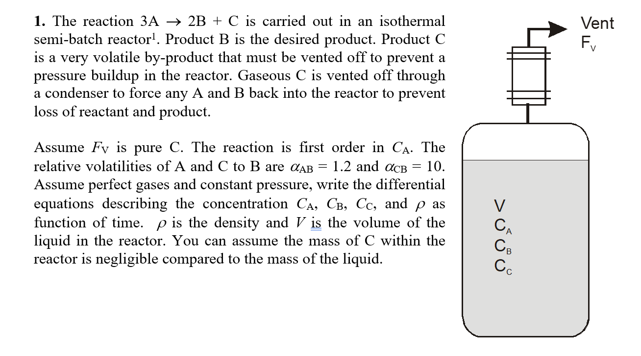 Solved Vent Fy 1. The reaction 3A + 2B + C is carried out in | Chegg.com