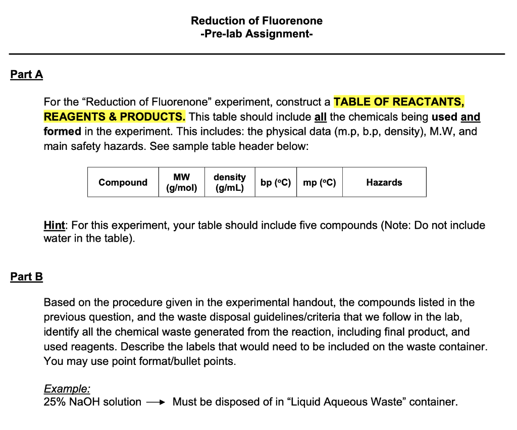 Solved Reduction of Fluorenone -Pre-lab Assignment- For the | Chegg.com