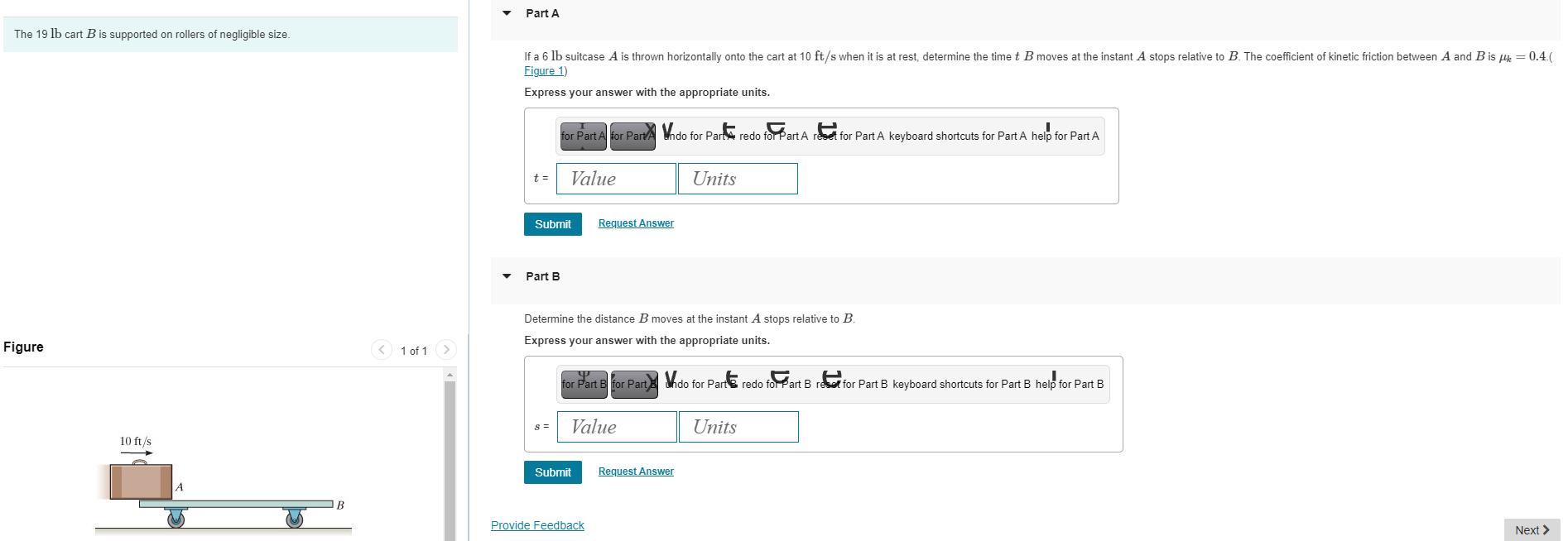 Solved The 19lb ﻿cart B ﻿is supported on rollers of | Chegg.com
