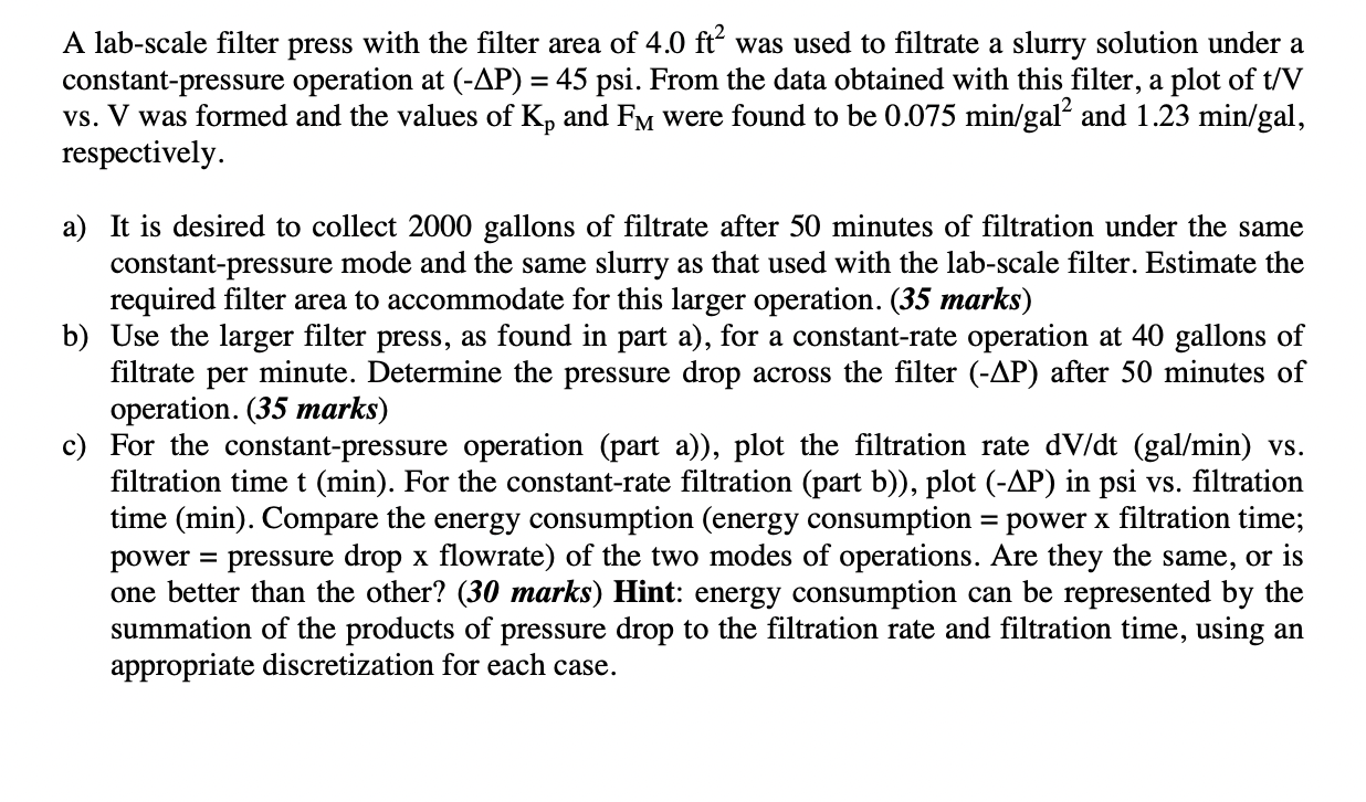 Solved A lab-scale filter press with the filter area of | Chegg.com