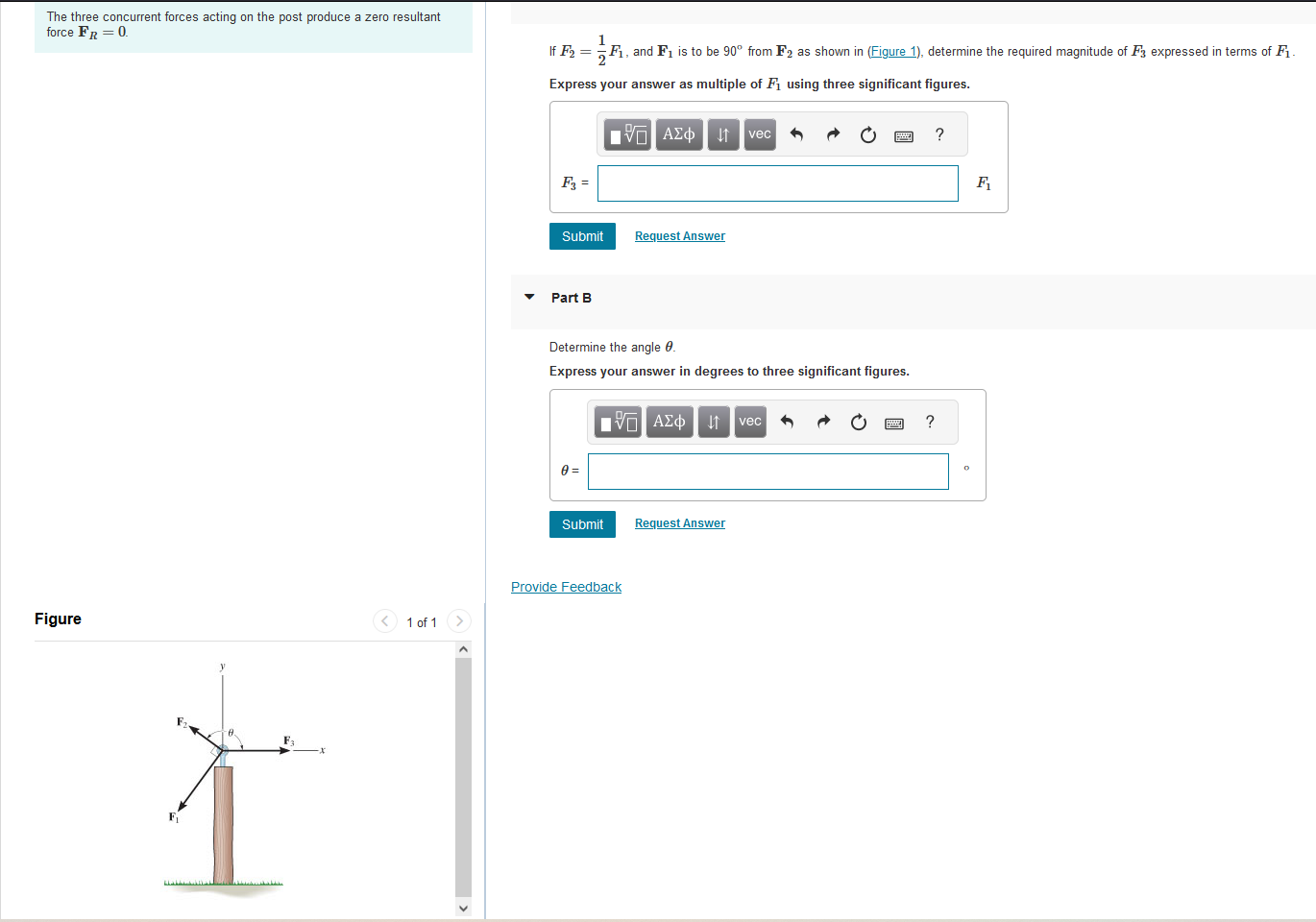 Solved The three concurrent forces acting on the post | Chegg.com