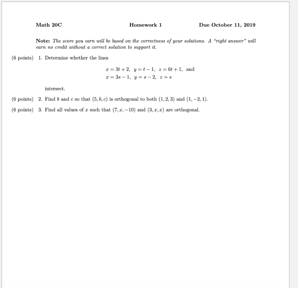 Solved Due October 11, 2019 Math 20C Homework 1 Note: The | Chegg.com