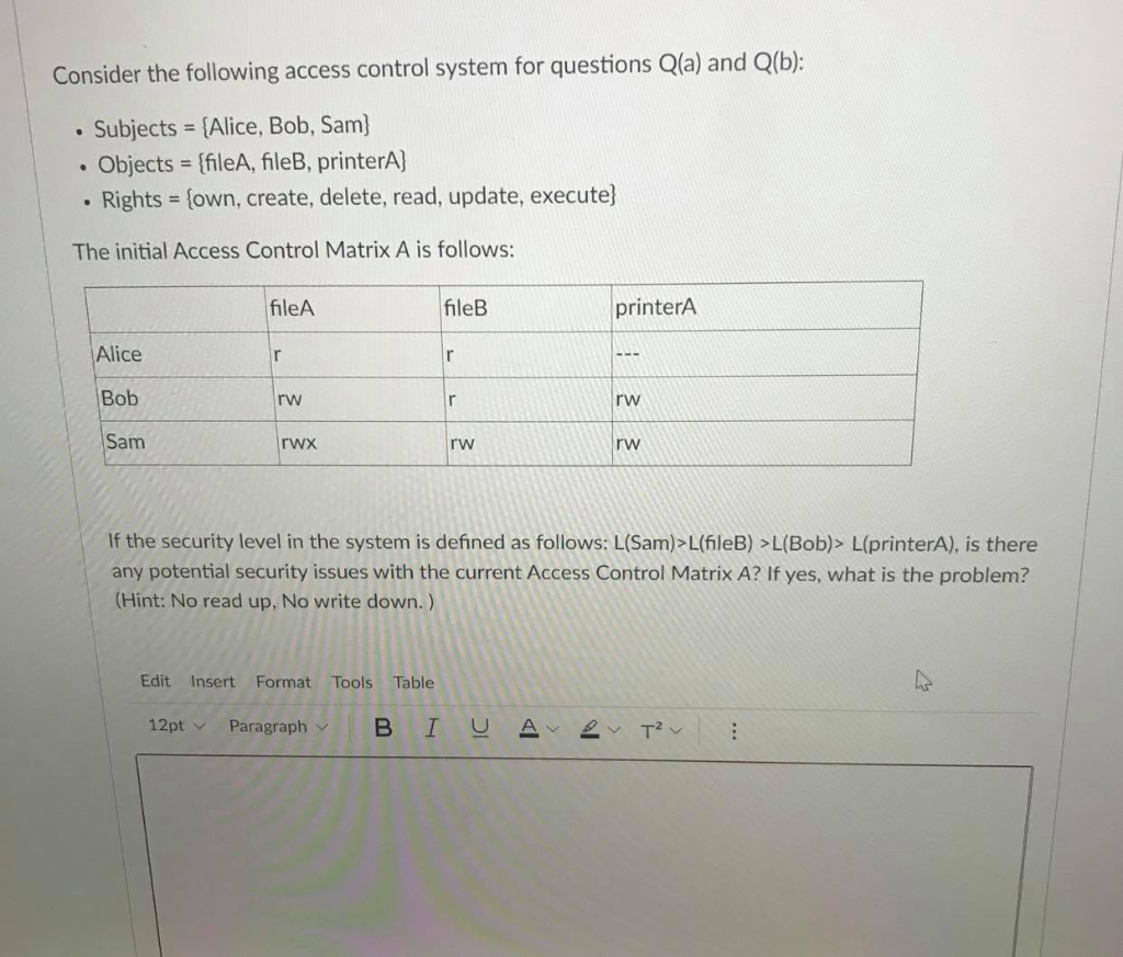 Solved Consider the following access control system for | Chegg.com