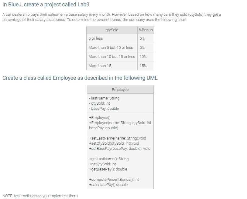 In BlueJ, create a project called Lab9 A car | Chegg.com