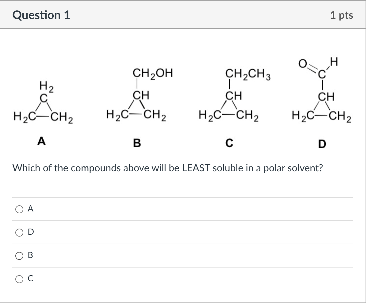 Solved Question 1 1 pts A B C D Which of the compounds above | Chegg.com