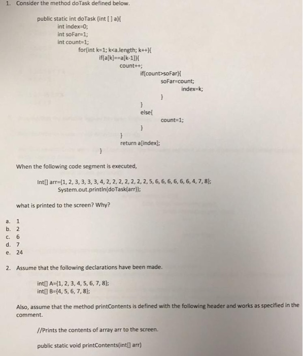 Solved 1. Consider the method doTask defined below. public | Chegg.com