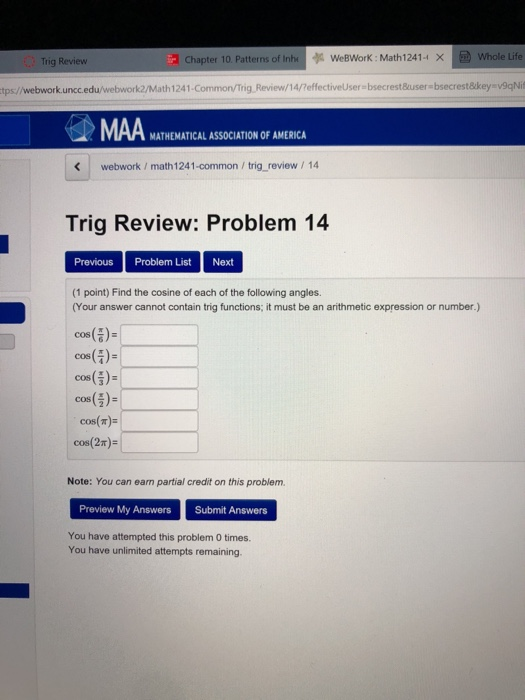Solved Trig Review Chapter 10 Patterns of Inh 乍WeBWorK : | Chegg.com