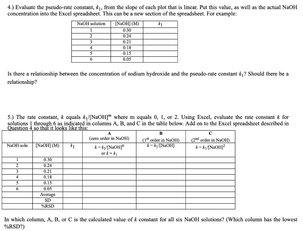 4.) Evaluate the pseudo-rate constant, k1, from the | Chegg.com