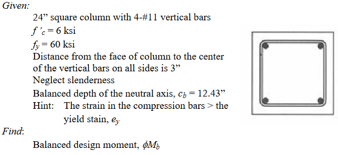 Solved Given: 24" Square column with 4-#11 vertical bars f's | Chegg.com