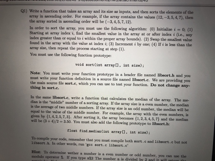 Solved Q1) Write a function that takes an array and its size | Chegg.com