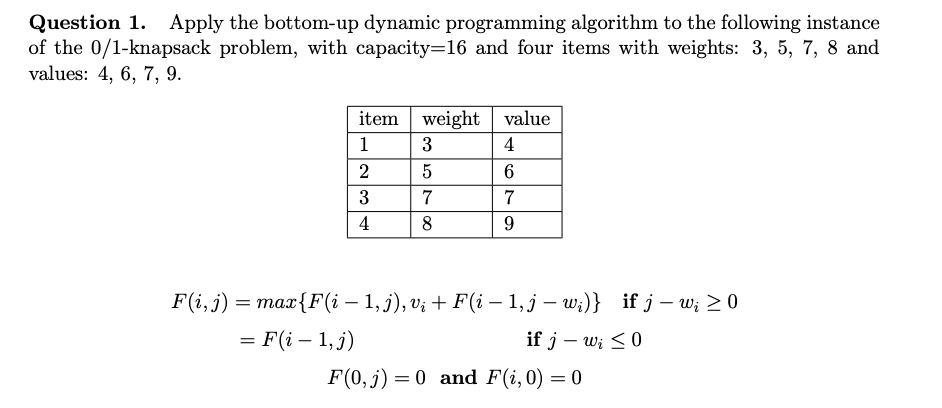 Solved Question 1 Apply The Bottom Up Dynamic Programming