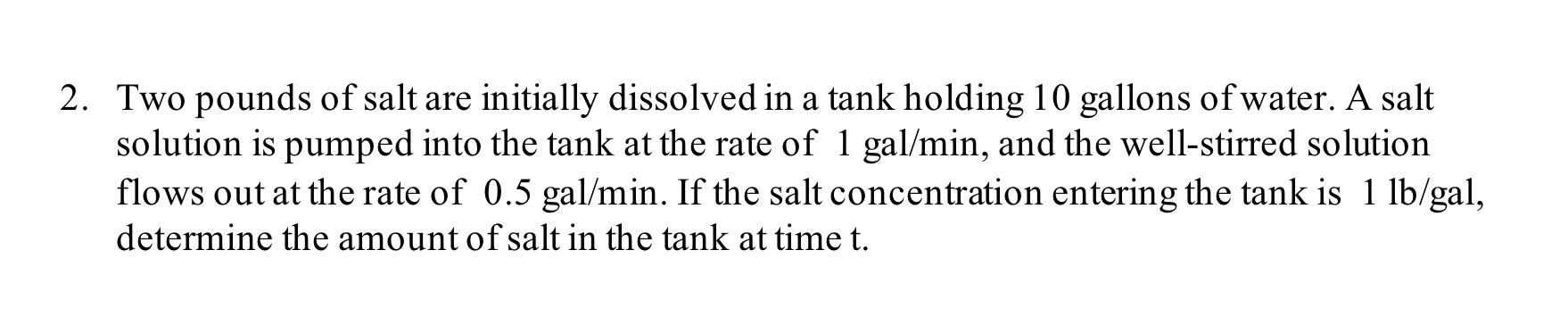 Solved Two pounds of salt are initially dissolved in a tank | Chegg.com