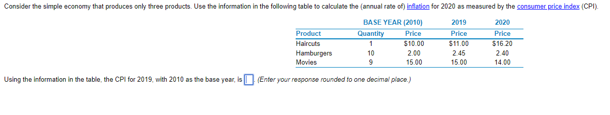 Solved Using the information in the table, the CPI for 2019 | Chegg.com