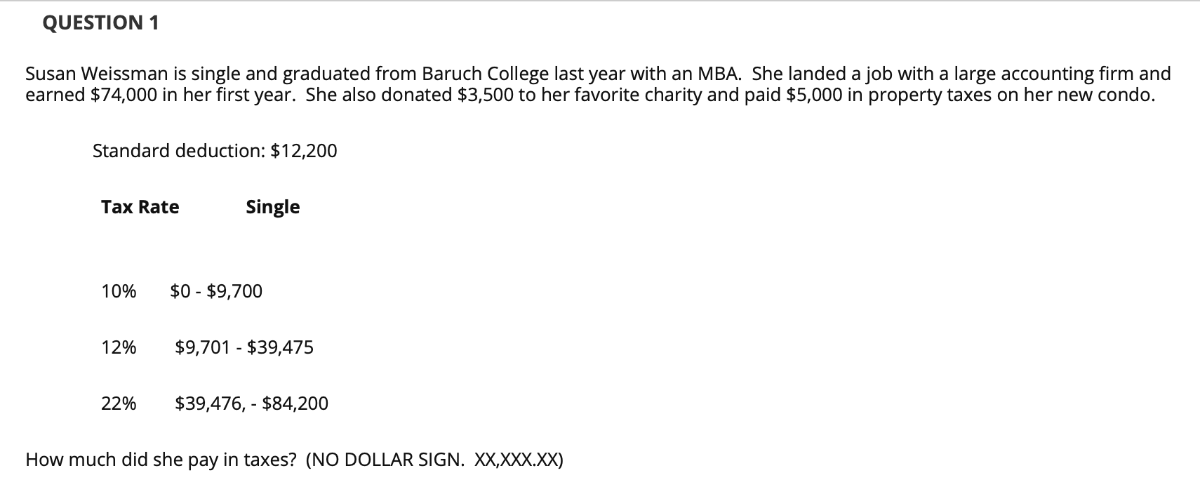 Solved QUESTION 1 Susan Weissman is single and graduated | Chegg.com