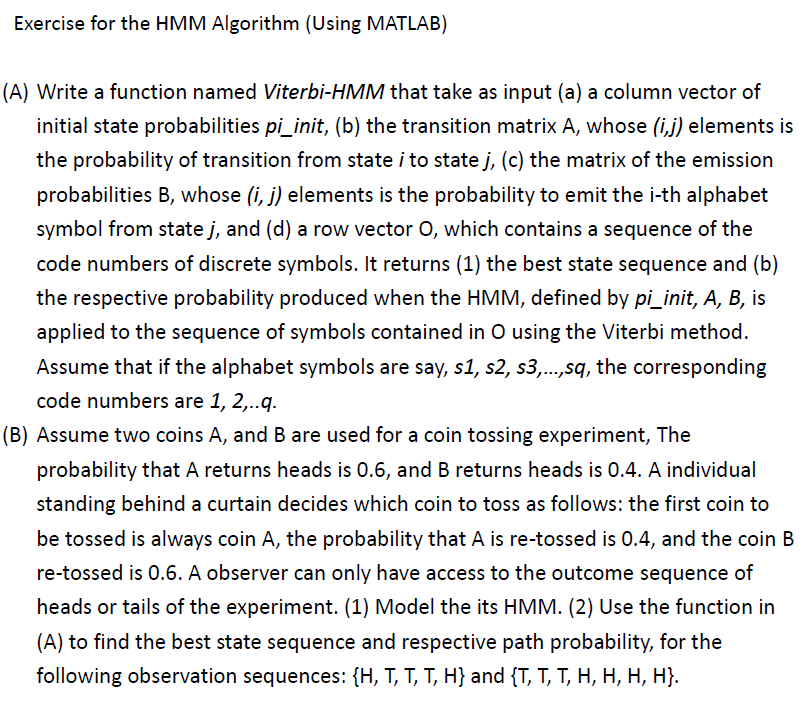 Exercise for the HMM Algorithm (Using MATLAB) (A) | Chegg.com