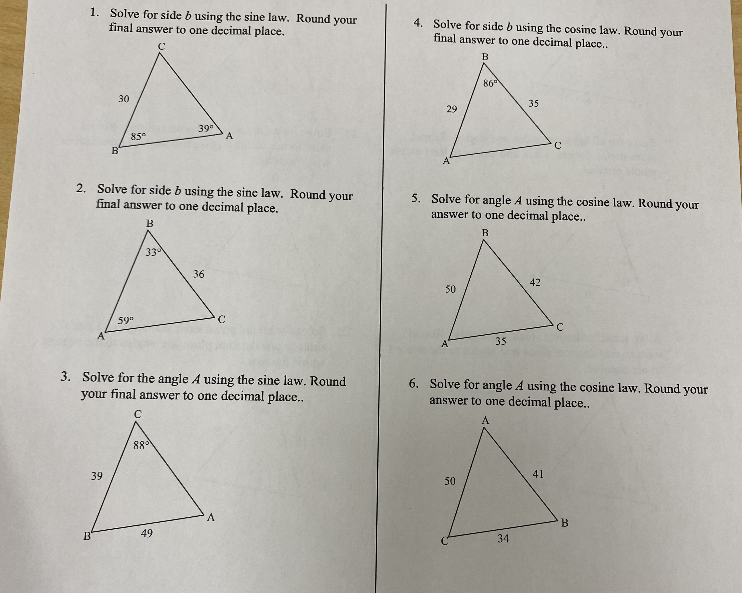 Solved 1. Solve for side \\( b \\) using the sine law. Round | Chegg.com
