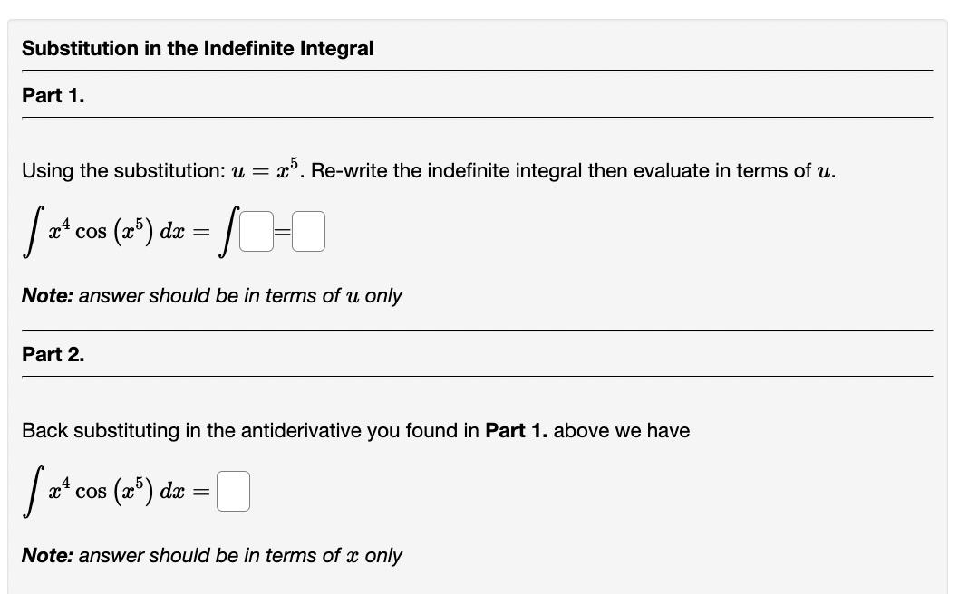 Solved Substitution in the Indefinite Integral Part | Chegg.com