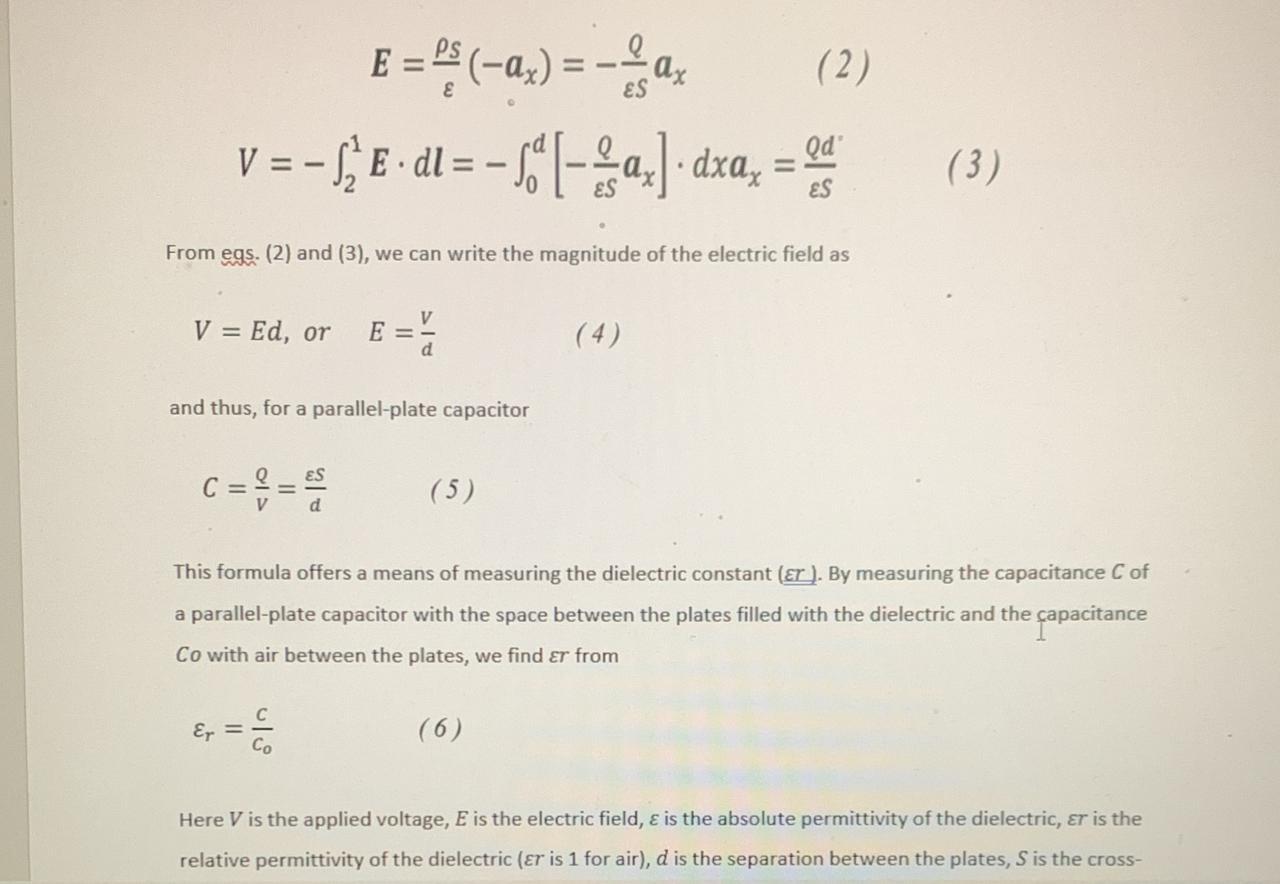 Solved Table 1−E,CVs,d, air dielectric:For all the Plate | Chegg.com