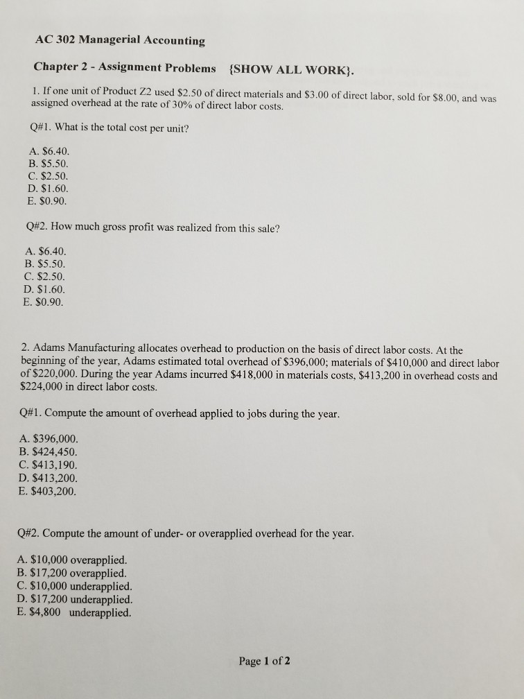 Solved AC 302 Managerial Accounting Chapter 2 - Assignment | Chegg.com