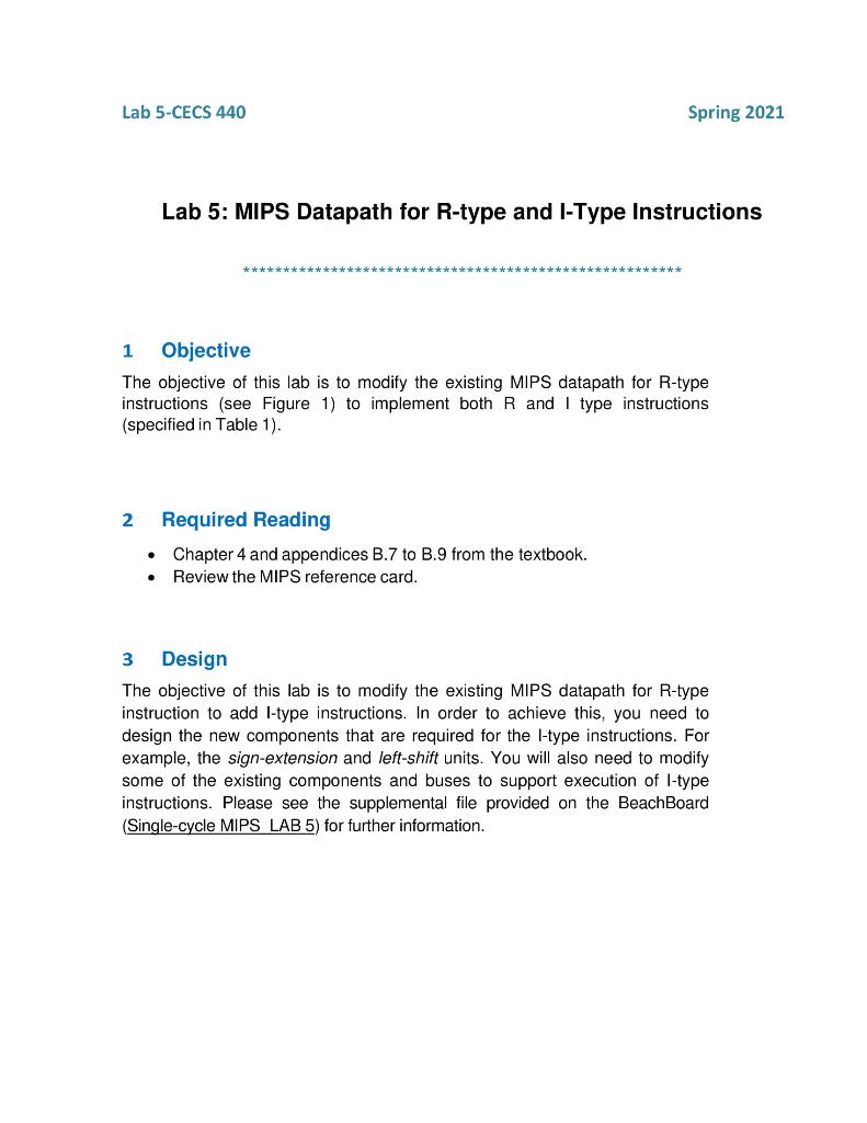Lab 5-CECS 440 Spring 2021 Lab 5: MIPS Datapath for | Chegg.com