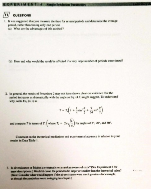 Solved EXPERIMENT 4 Simple Pendulum Parameters (Angle, Mass, | Chegg.com