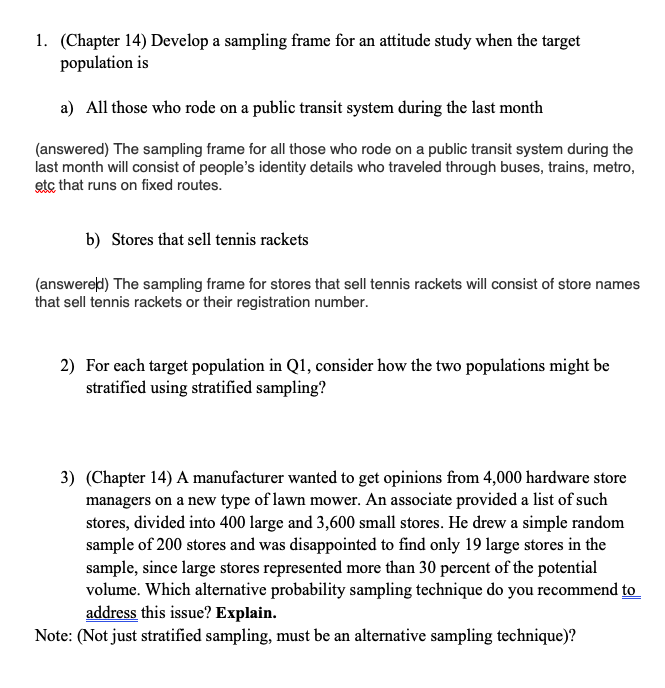 Solved 1. (Chapter 14) Develop a sampling frame for an | Chegg.com