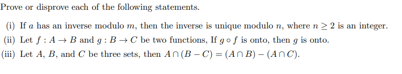 Solved Prove or disprove each of the following statements. | Chegg.com