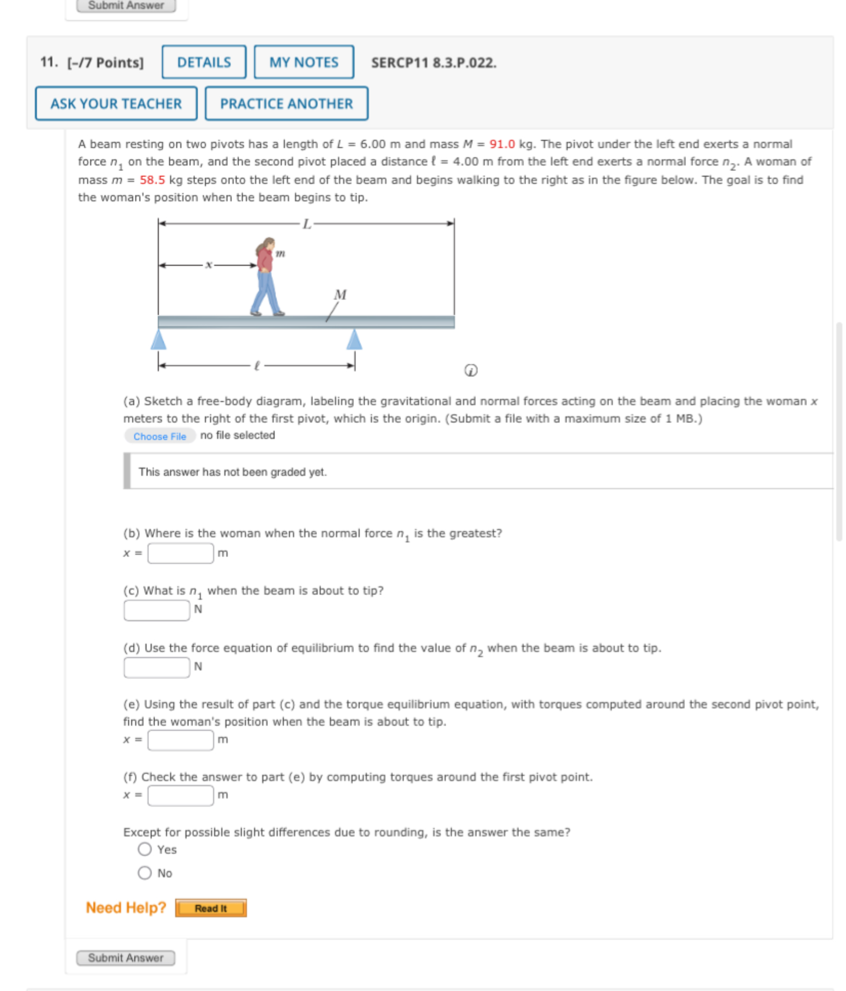 Solved A beam resting on two pivots has a length of L=6.00m | Chegg.com