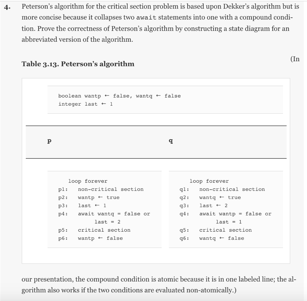 4. Peterson's algorithm for the critical section | Chegg.com