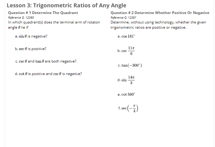 Solved Lesson 3: Trigonometric Ratios of Any Angle Question | Chegg.com