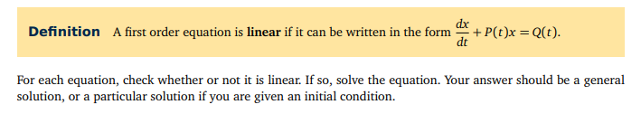 Solved dx Definition A first order equation is linear if it | Chegg.com