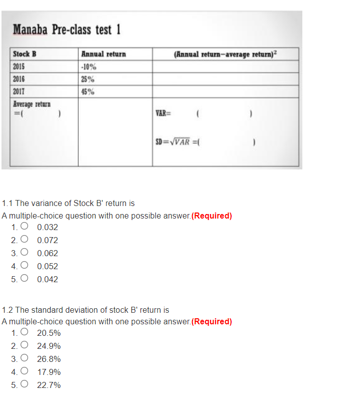 Solved Manaba Pre-class test 1 (Annual return-average | Chegg.com