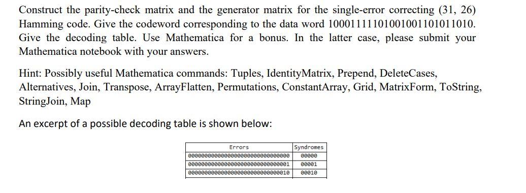 Construct the parity-check matrix and the generator | Chegg.com