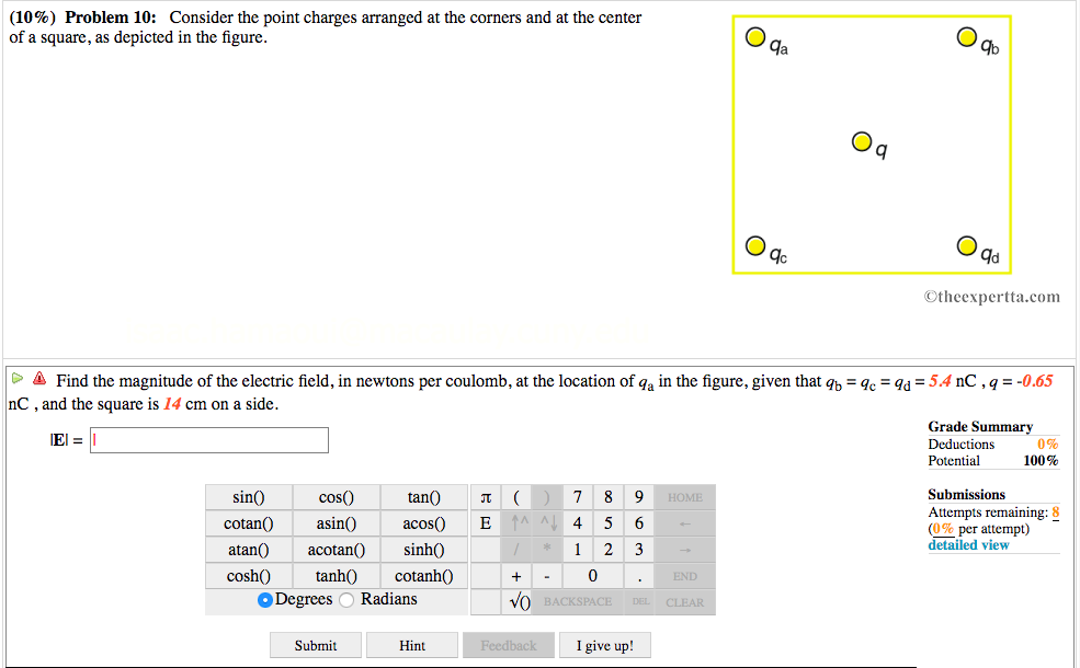 Solved (10%) Problem 10: Consider the point charges arranged | Chegg.com