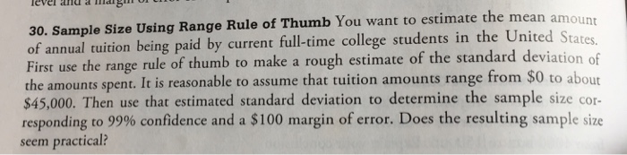 Solved evel andamanB 30. Sample Size Using Range Rule of | Chegg.com
