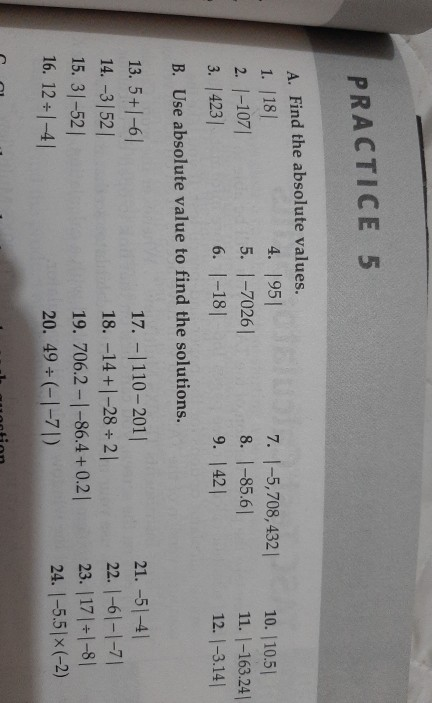 Solved PRACTICE 5 A. Find the absolute values. 1. [18] 4. | Chegg.com