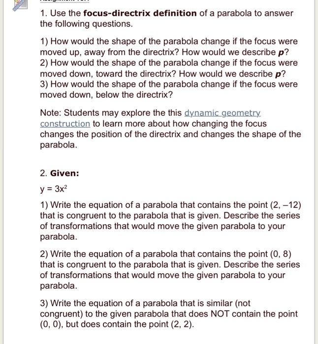 Solved 1. Use the focus-directrix definition of a parabola | Chegg.com