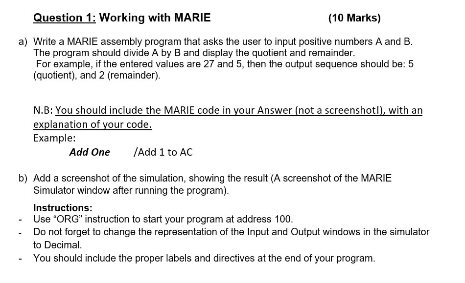 Solved Question 1: Working with MARIE (10 Marks) a) Write a | Chegg.com