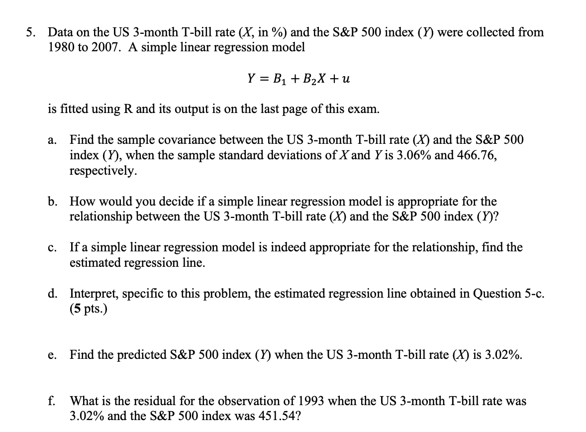 Solved 5. Data on the US 3-month T-bill rate (X, in %) and | Chegg.com